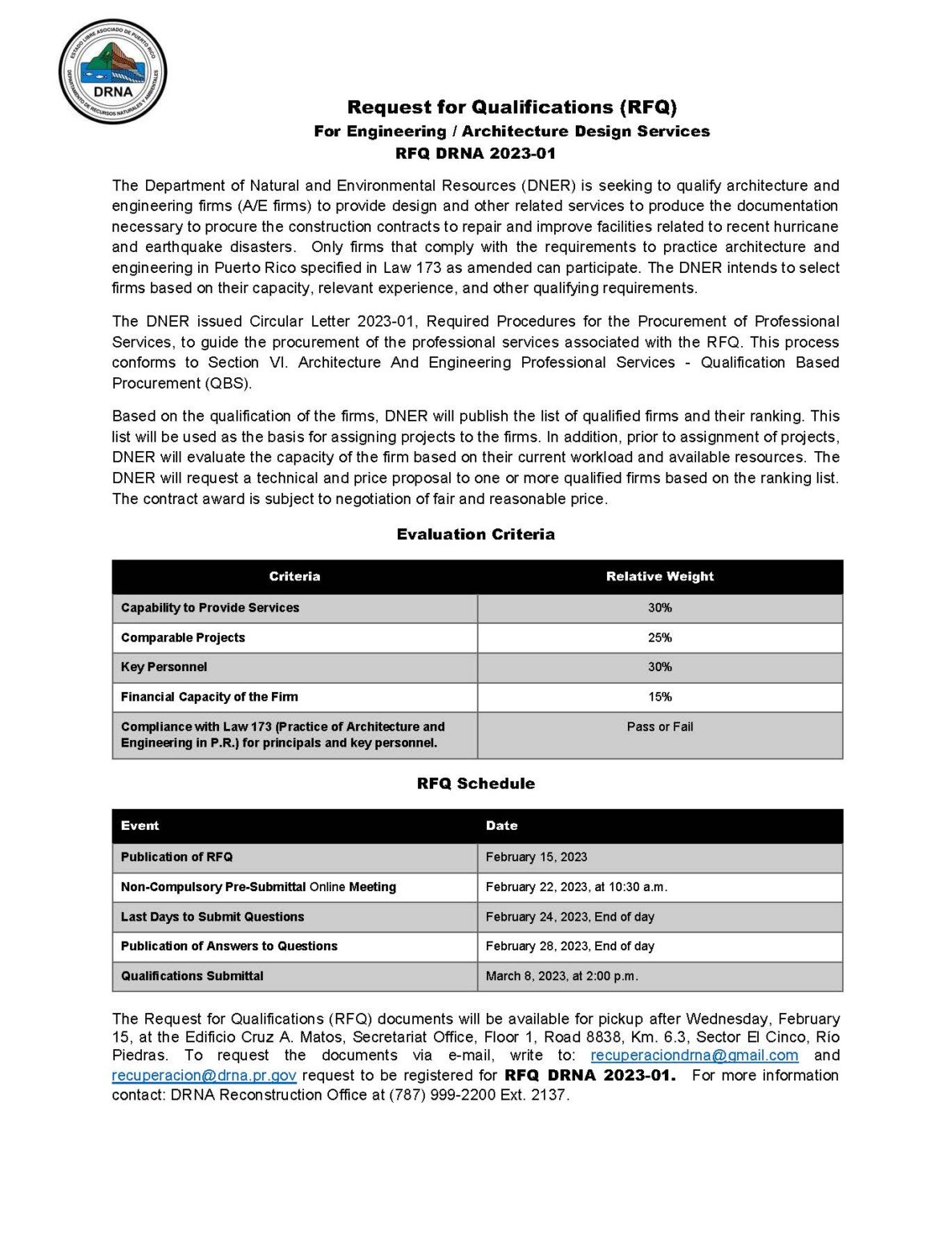 DRNA | Request for Qualifications (RFQ) For Engineering / Architecture ...